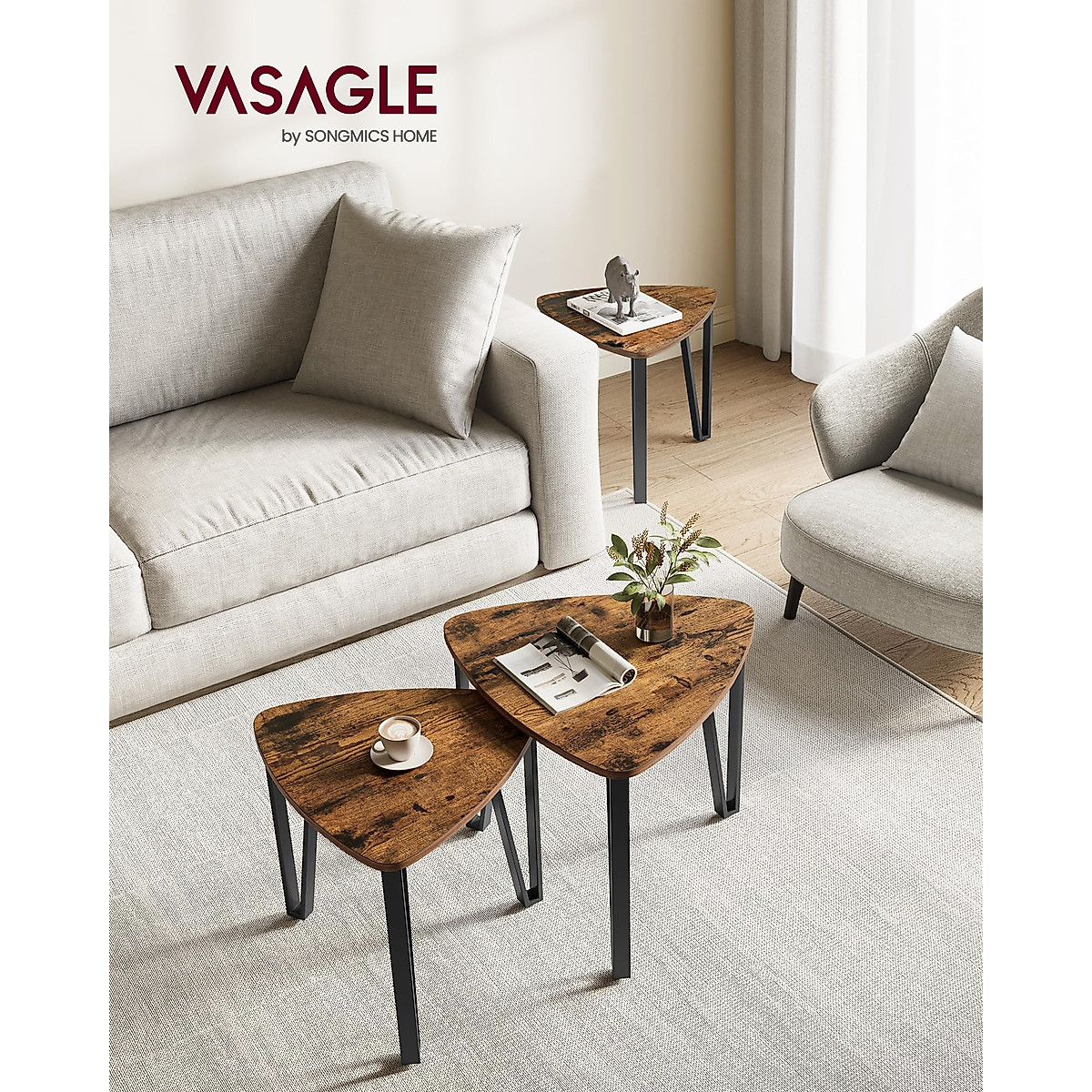 VASAGLE Nesting Coffee Tables, End Tables Set of 2 for Living Room Bedroom, Industrial Small Stacking Side Tables with Metal Frame for Couch, Rustic Brown and Black ULET013B01