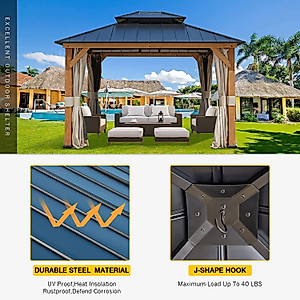 MELLCOM 11'x13' Wood Gazebo, Outdoor Hardtop Cedar Wooden Frame Gazebos with Galvanized Steel Double Roof, Includeds Curtains and Nettings for Patio, Garden and Backyard