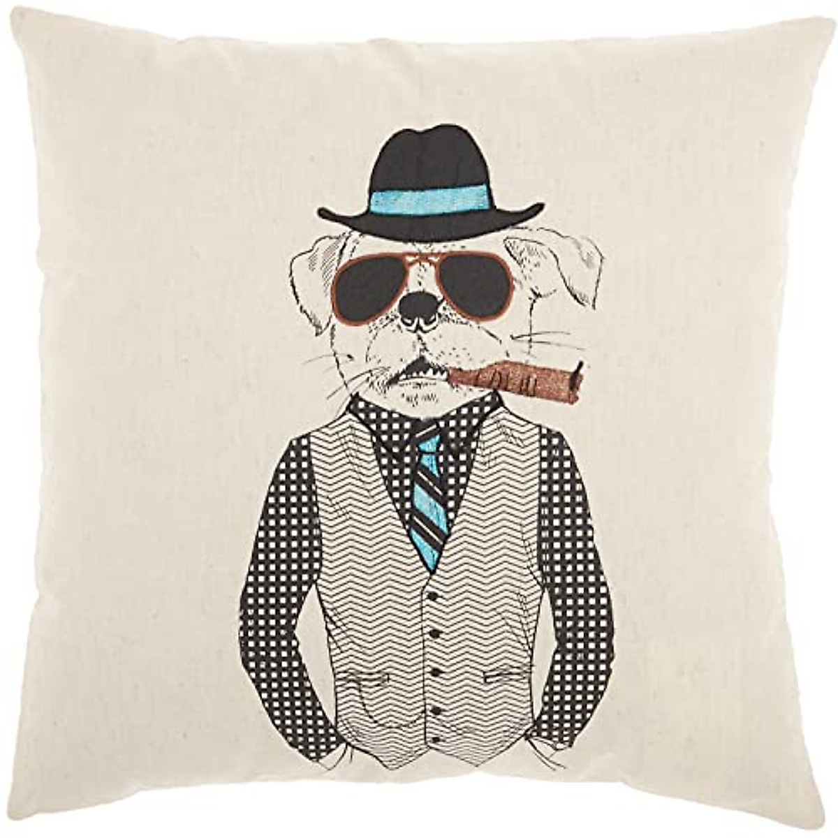 Nourison Mina Victory Trendy, Hip, New-Age Cigar Sunglasses Dog 18" x 18" Natural Indoor Throw Pillow