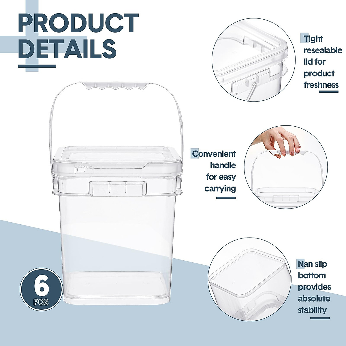 Domensi 6 Pcs Clear Square Bucket with Lid Food Buckets Ice Cream Plastic Buckets with Handle Reusable Freezer Containers Industrial Pails for Paint Storage for Kitchen Home(1.5 Gallon)