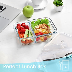 NUTRIUPS 0.6L/20 Oz Glass Meal Prep Containers, Glass Bento Box for adults, Lunch Containers with Lid, Glass Food Container with 2 Split Compartments-Microwavable