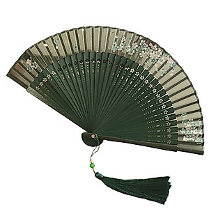 Lady's Girl's Vintage Retro Flower Pattern Handheld Folded Hand Fan, Bamboo Silk Folding Fan with Delicate Sleeve (Color : Green, Size : 7.1")