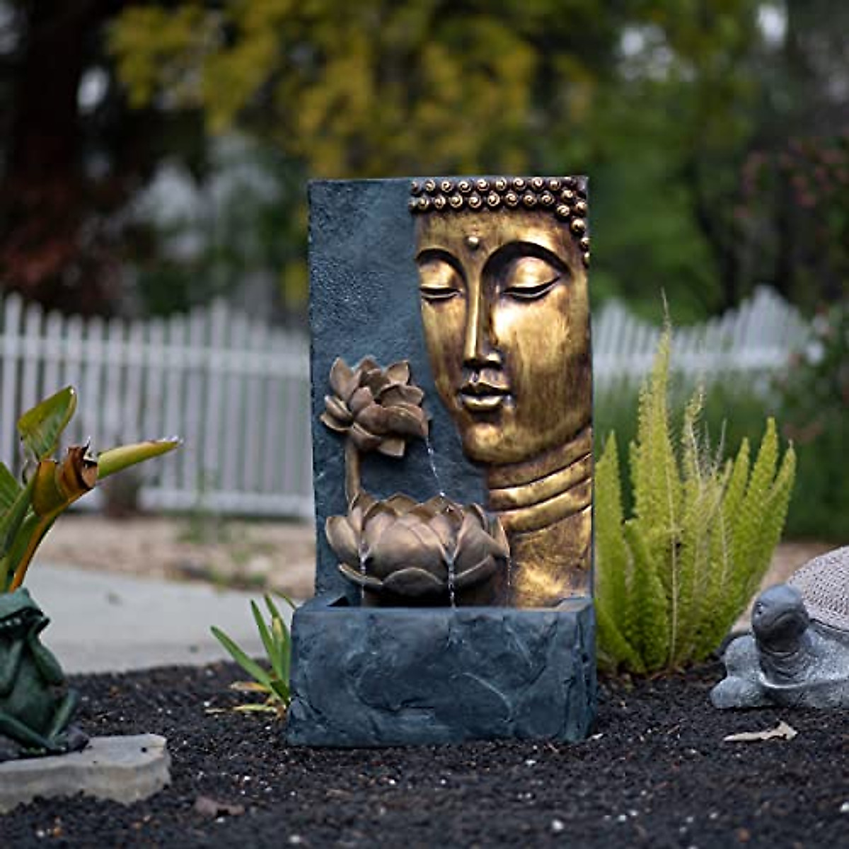 XBrand 30" H Bronze and Natural Grey Polyresin Indoor Outdoor Cascading Lotus Buddha Face Water Fountain w/LED Light, Freestanding, Relaxing Zen Décor for Home Patio Garden Backyard