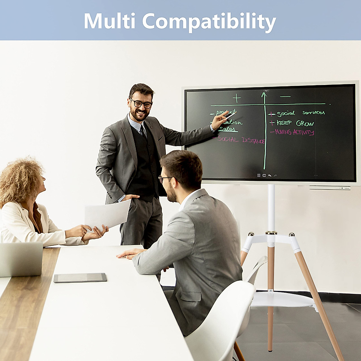 Fydeamer Universal Tripod Easel TV Stand for 32-65 inch LED LCD Screen Flat Curved Screen, Height Adjustable Studio TV Display Stand with 140° Swivel for Bedroom, Living Room, Corner TV Stand (White)