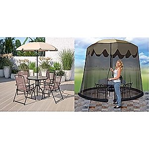 Flash Furniture Nantucket 6 Piece Brown Patio Garden Set with Umbrella Table and Set of 4 Folding Chairs & Ideaworks JB5678 Outdoor 9-Foot Umbrella Table Screen, Black