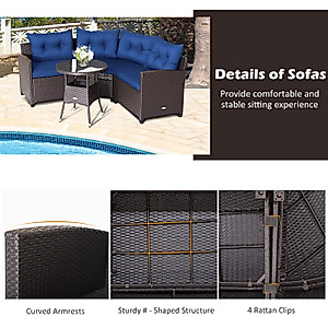 Tangkula 4 Piece Outdoor Sectional Sofa Set, Half-Moon All Weather Heavy Duty Corner Patio Furniture Set with Round Side Table, Soft-Padded Cushions, for Backyard, Poolside, Deck (Navy)