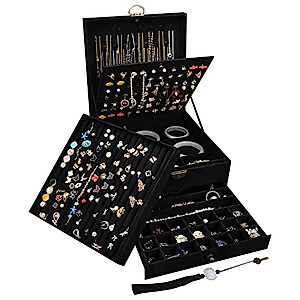 GYJOYERO Jewelry Organizer 5 Layers Velvet Square Jewelry Box Women Necklace Ear studs Display Bangles Large Jewelry Storage Case Drawer GY306 (Black)