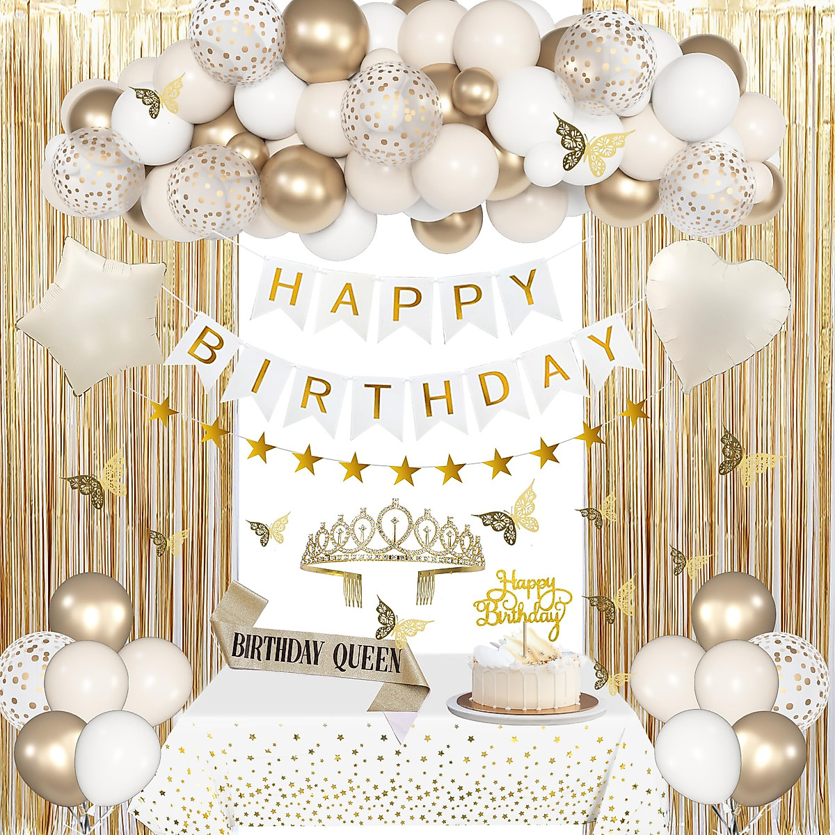 Birthday Decorations for Women, White Sand Beige Cream Neutral Gold Foil Balloons Table Cloth Sash Crown Curtains Happy Birthday Banner Golden Star Garland Butterfly Boho Party Supplies