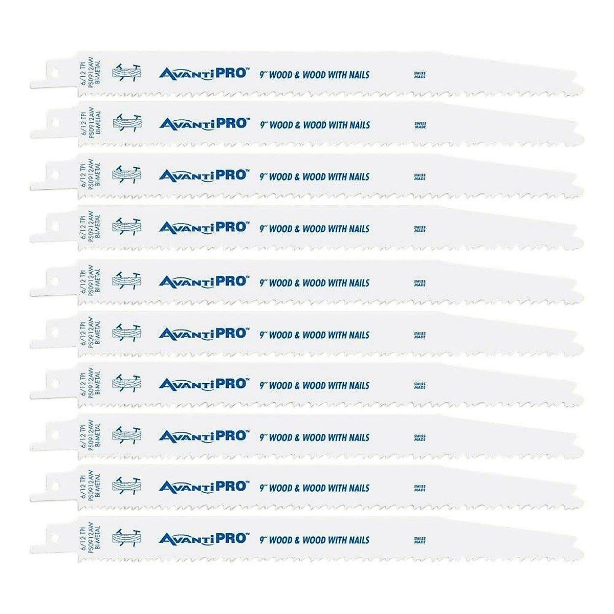 Avanti PS0912AW10 9-Inch 6/12 TPI Bi-Metal Reciprocating Saw Blades for Wood with Nails, 10-Pack