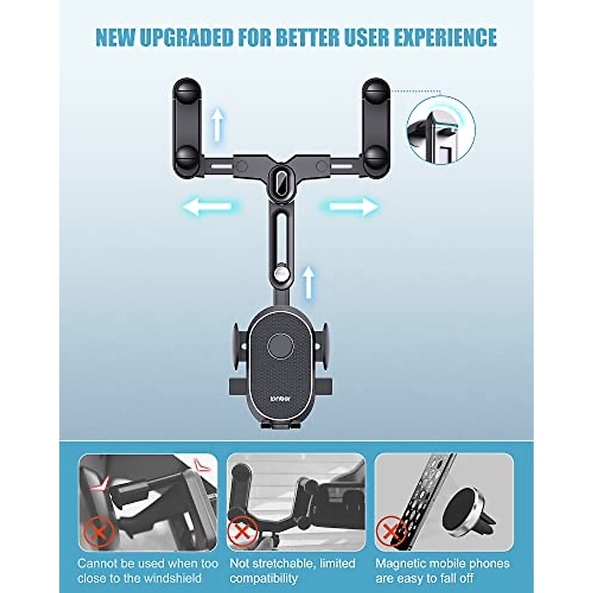 Phone Mount for Car【Big Rear Mirrors Friendly】 2023 New Rear View Mirror Phone Holder, Lighter 360 Rotatable and Retractable Car Phone Holder for Apple Samsung 4-7 Inch Mobiles & All Vehicles
