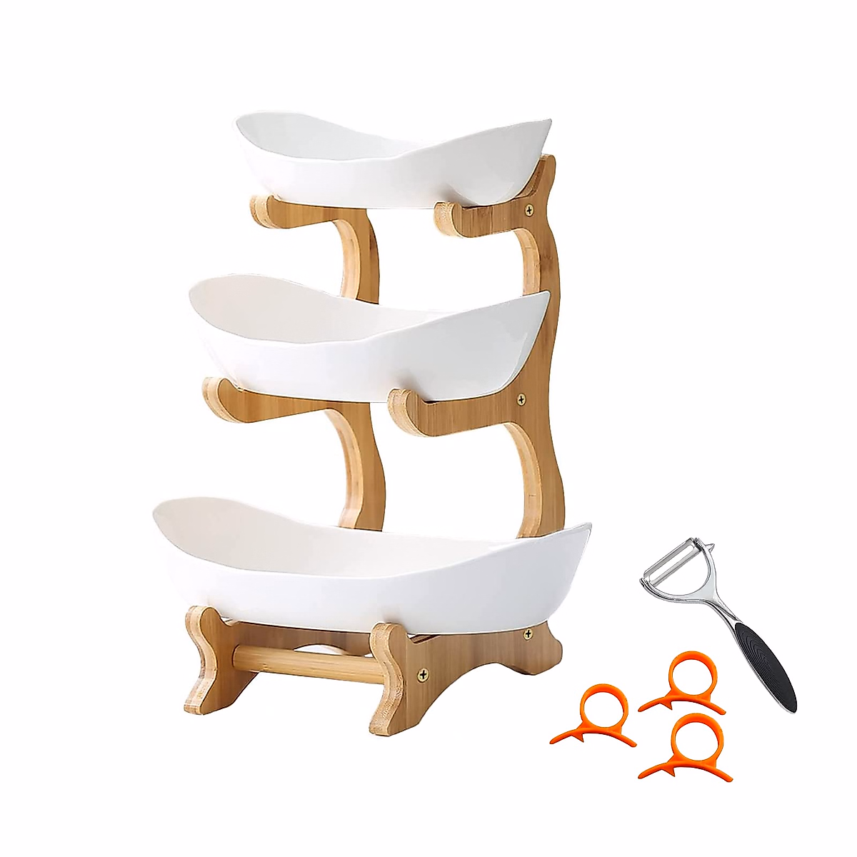 fghuim 3 Tier Ceramic Fruit Bowls with Bamboo Stand,Decorative Ceramic Friut Bowl with Bamboo Holder for Kitchen Counter White(Include 1 Y Stainless Steel Peeler,3 Oranger Finger Peelers)