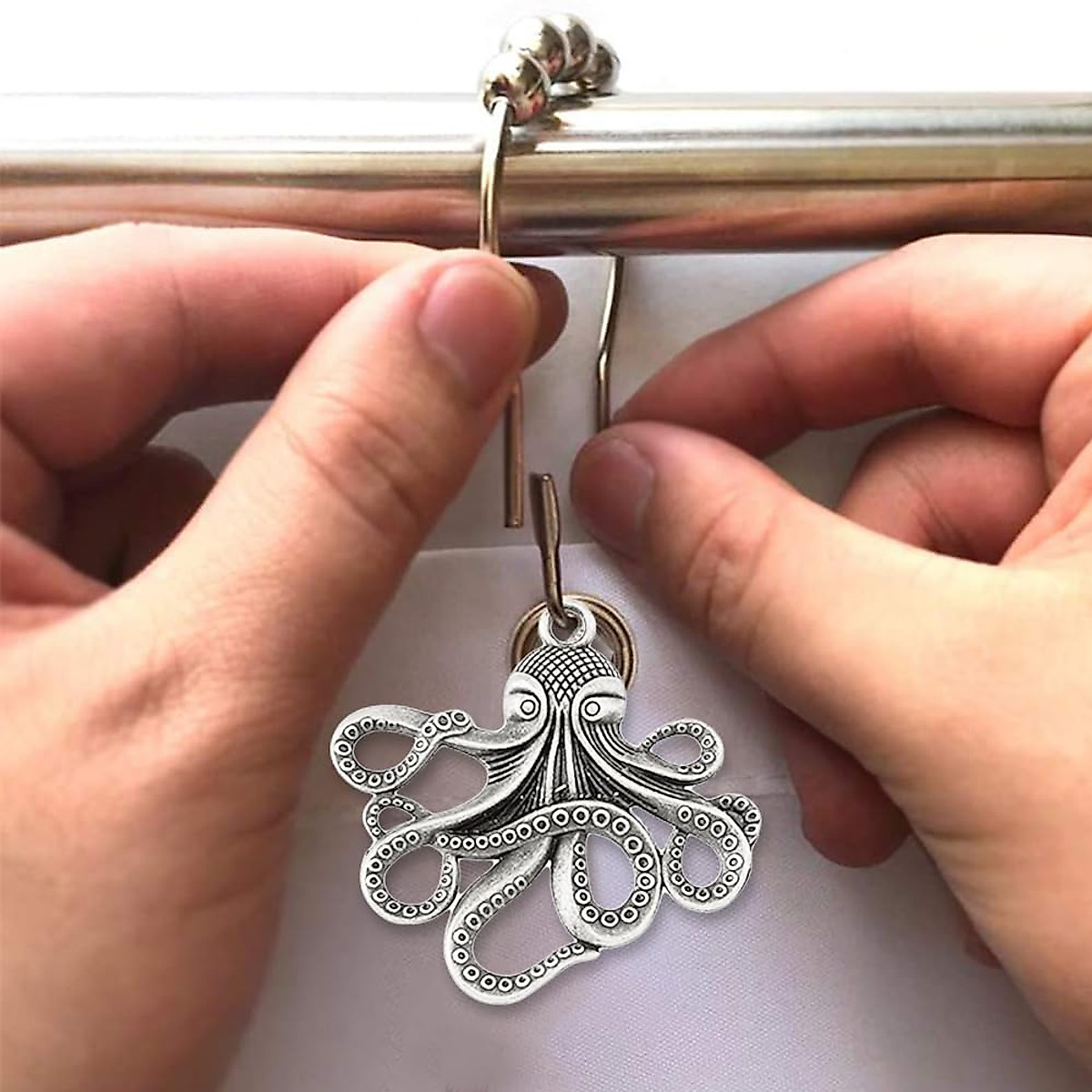 SUPERFINDINGS 12Pcs 6 Styles Ocean Theme Shower Curtain Rings Iron Shower Curtain Hooks Rings with Alloy Animal Pendants Starfish Fishbone Octopus Metal Shower Rings Hooks for Bathroom