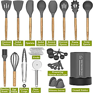Silicone Cooking Utensil Set, 35 Pcs Kitchen Utensils Cooking Utensils Set by Fungun, Non-stick Heat Resistant Kitchen Gadgets Cookware with Natural Wooden Handle -(Gray)