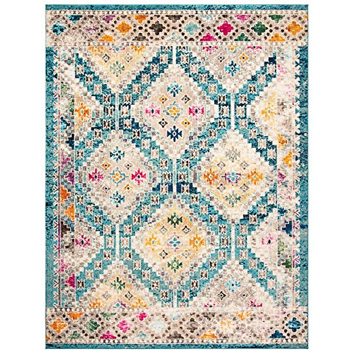 SAFAVIEH Madison Collection 8' x 10' Dark Blue / Yellow MAD418N Boho Diamond Distressed Non-Shedding Living Room Bedroom Dining Home Office Area Rug