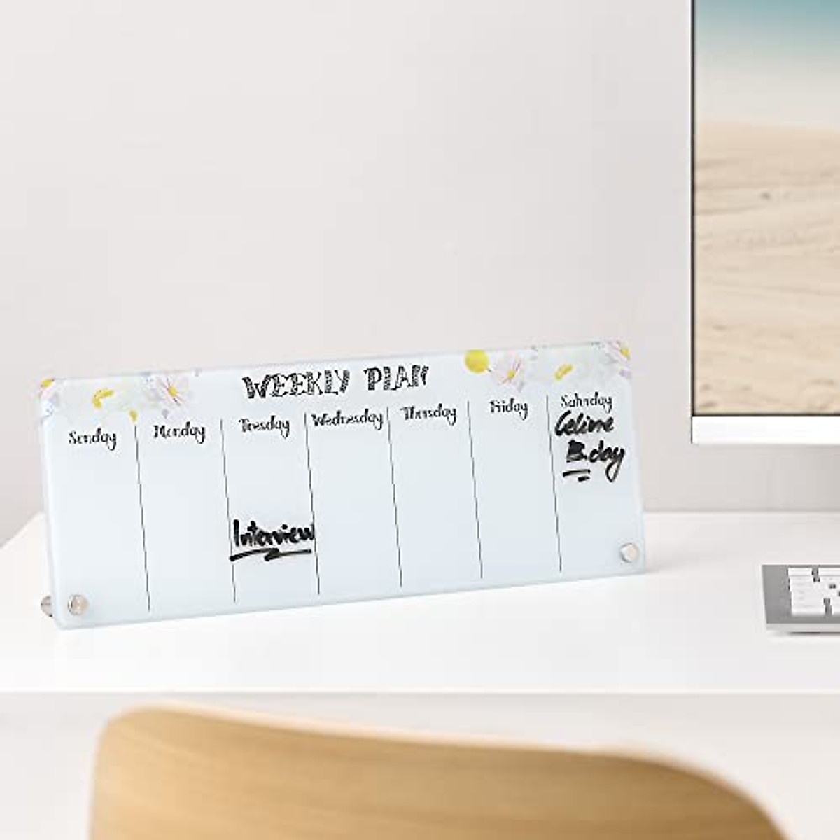 Navaris Weekly Whiteboard Planner - Small Dry Erase Glass Whiteboard to Do Calendar for Office Desk Dry Erase Schedule Board - 16 x 6 Inches - Flowers