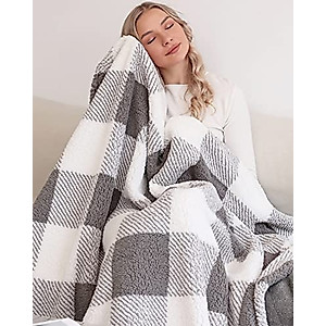 Panku Plaid Sherpa Throw Blanket with Solid Plush Reverse, Reversible Soft Fleece Checkered Blanket for Couch and Bed, Cozy and Warm Fuzzy Blanket, Grey Plaid, 50x60 Inches