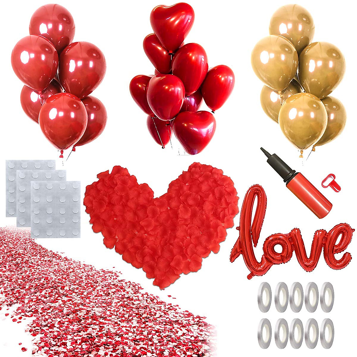 50PCS Love Balloons and Heart Balloons Kit&2000 PCS Silk Rose Petals 42Inch I Love You Balloon Gold Balloons Romantic Decoration Kit Double-Layer Easy to Use for Valentine Day Party Decorations