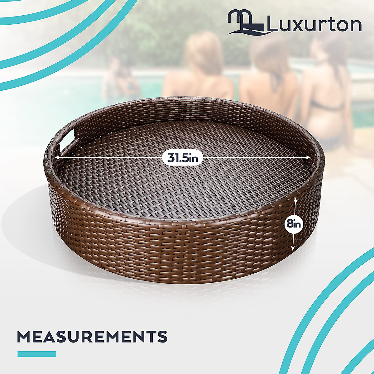 Luxurton Floating Tray – 80 x 15 cm Floating Pool Tray – Drinks and Food Serving Tray for Pool Parties – Wear-Resistant Rattan Party Serving Tray – Round Brown