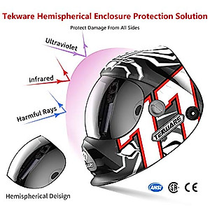 TEKWARE Large Viewing True Color Solar Powered Auto Darkening Welding Helmet, Hemispherical 4C lense, 4 Arc Sensor Wide Shade Range 4/5-9/9-13 Luminous Welder Mask for Mig Tig Arc Grinding Plasma