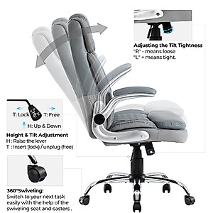 HOMYEDAMIC High Back Office Chair with Adjustable Arms, PU Leather Computer Executive Chairs Big Tall Swivel Ergonomic Adjustable Tilt Angle, Thick Seat 7012-Grey