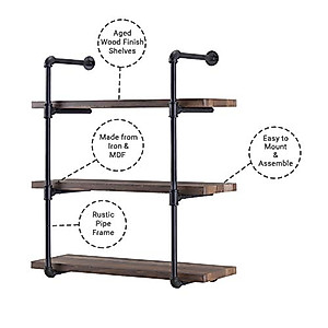 Decorative Floating 3-Tier Wall Mounted Hanging Pipe Shelves - Rustic, Urban and Industrial Décor,Wall Mounted Shelf - Perfect for Living Room,Dining Room,Kitchen,Bedroom,Nursery or Office, Brown