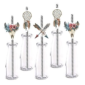 Boho Tribal Party Straw Decor, 24-Pack Wild Girl Boy Birthday Baby Shower Birthday Party Decorations, Paper Decorative Straws