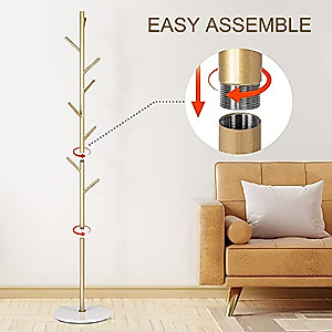 ZOZOE Coat Rack, Metal Coat Rack Freestanding Satin Steel with Heavy Stable Marble Base, Gold Coat Rack Stand 67’’ with 8 Hooks for Hanging Clothes, Bags, Hats, Accessories