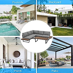 EROMMY 4 Pieces Outdoor Sectional Sofa Set with Coffee Table, 91''×91'' Extra Large L-Shaped Metal Conversation Set with All-Weather Gray Cushion and Built-in Side Table for Patio, Garden, Backyard
