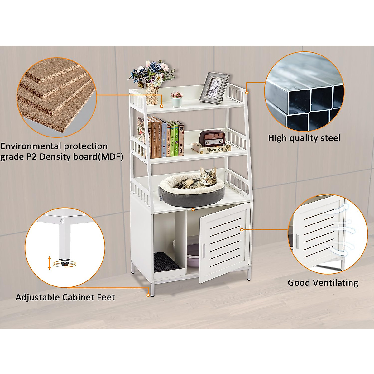 Sokiche Cat Litter Box Enclosure Furniture with Shelf Storage - Hidden Litter Box Enclosure Furniture Large Wooden with Cat Litter Trapping Mat Pad -Cat Washroom-Cat Cabinet-White