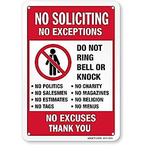 No Soliciting Sign, Funny Decor for House Door Office Business Yard,Metal Aluminum Rust Free, No Excuses, No Exceptions Do Not Ring Bell No Knock Sign - 7" x 9.8", Pre-Drilled Holes, Weather Resistant