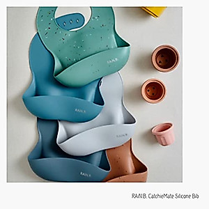 RAIN.B. Baby Silicone Bib Set of 2 - Adjustable Waterproof Baby Food Bibs with Food Catcher｜Cherry Blush + Glacier Blue