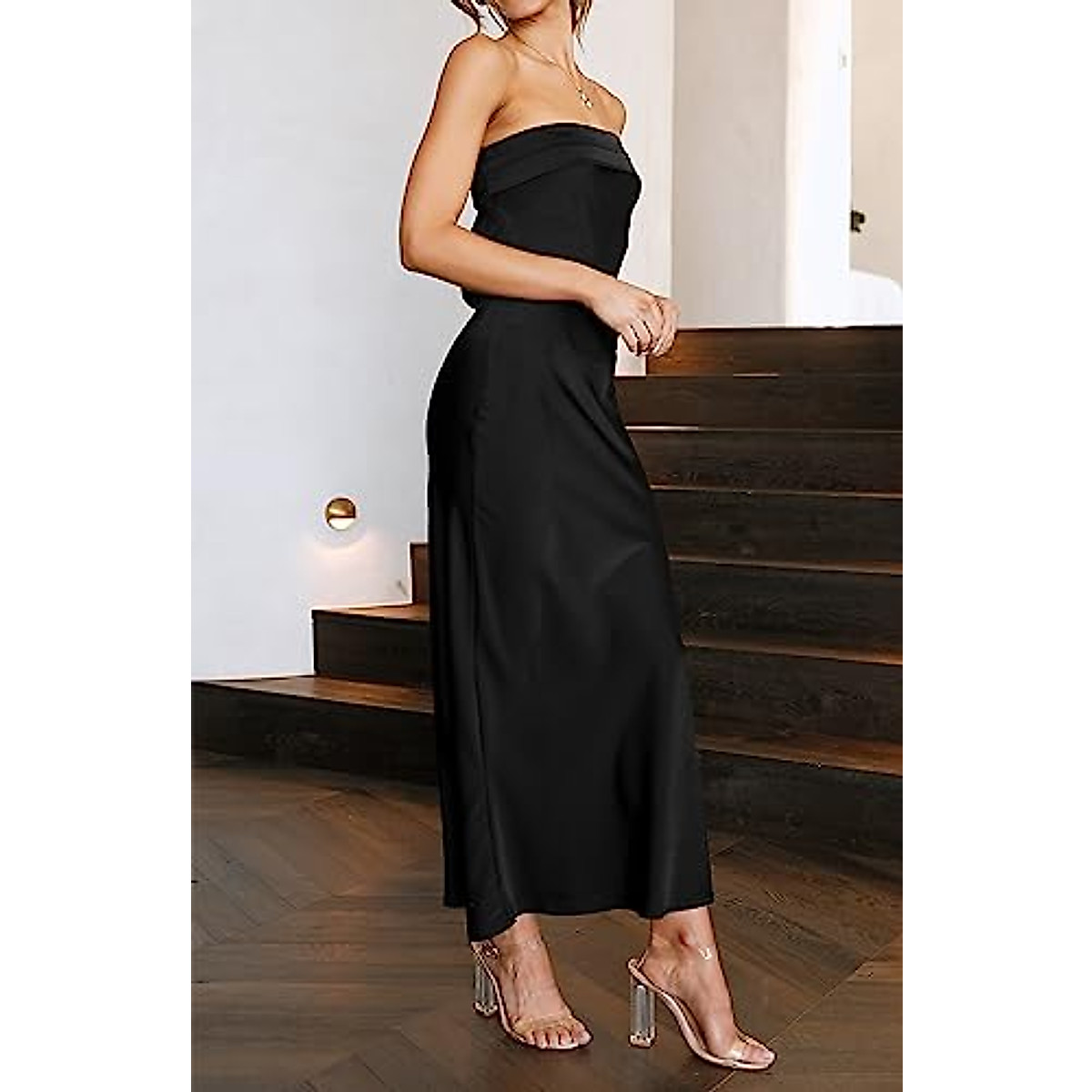 MEROKEETY Women 2023 Summer Strapless Satin Tube Bodycon Backless Wedding Guest Maxi Dress Black Large