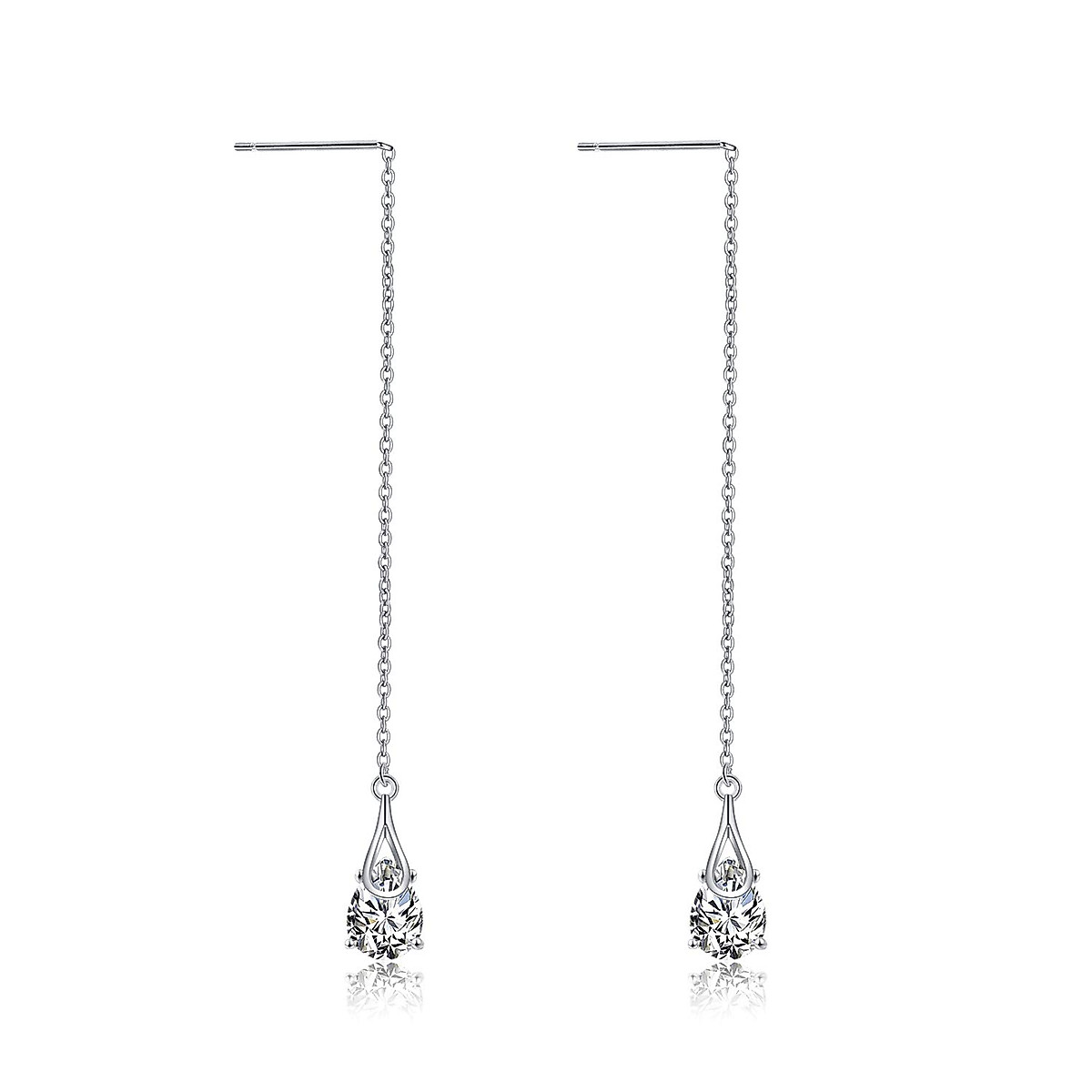 Threader Earrings Sterling Silver Teardrop Drop Pull Through Threader Earrings with Cubic Zirconia