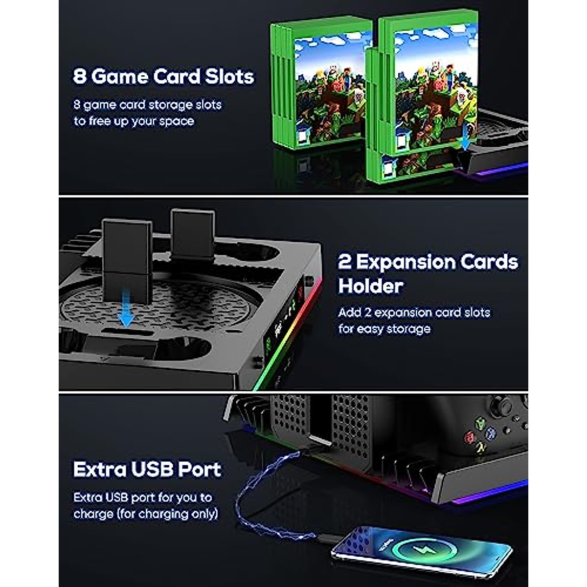 Upgraded RGB Cooling Fan Charging Station for Xbox Series X Console & Controller, Wireless Dual Charger Dock & Cooler System Stand with 15 Colorful Light Modes for Xbox Series X & Accessories Storage