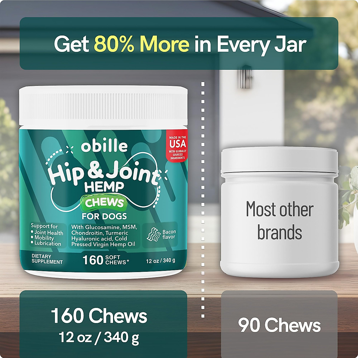 Obille Hip & Joint Hemp for Dogs 160 Chews 12oz – Joint Supplement for Dogs, Stimulates Bone Growth, Restores Cartilage, May Helps Reduce Stiffness & Pain Levels