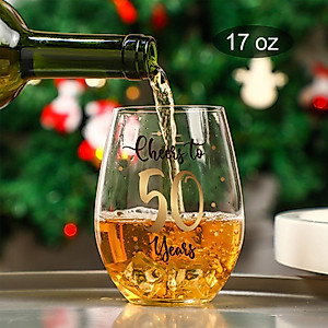 50th Birthday Stemless Wine Glass, Gold Cheers to 50 Years Birthday Wine Glass Present for Men Women 50th Birthday Party Wedding Anniversary Party Decorations, 17 oz Stemless