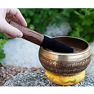 Large Tibetan Singing bowl Set - Bronze Style - Easy To Play - 5" Sound Yoga Bowl Mantra Design Mindfulness Meditation Healing Sound Gift By Himalayan Bazaar