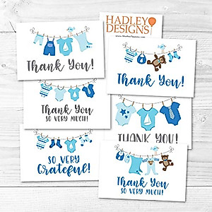 24 Blue Clothesline Baby Shower Thank You Cards With Envelopes, Boy Sprinkle Thank-You Note, 4x6 Gratitude Card Gift For Guest Pack, Gender Reveal DIY So Grateful Varied Little Onesie Event Stationery
