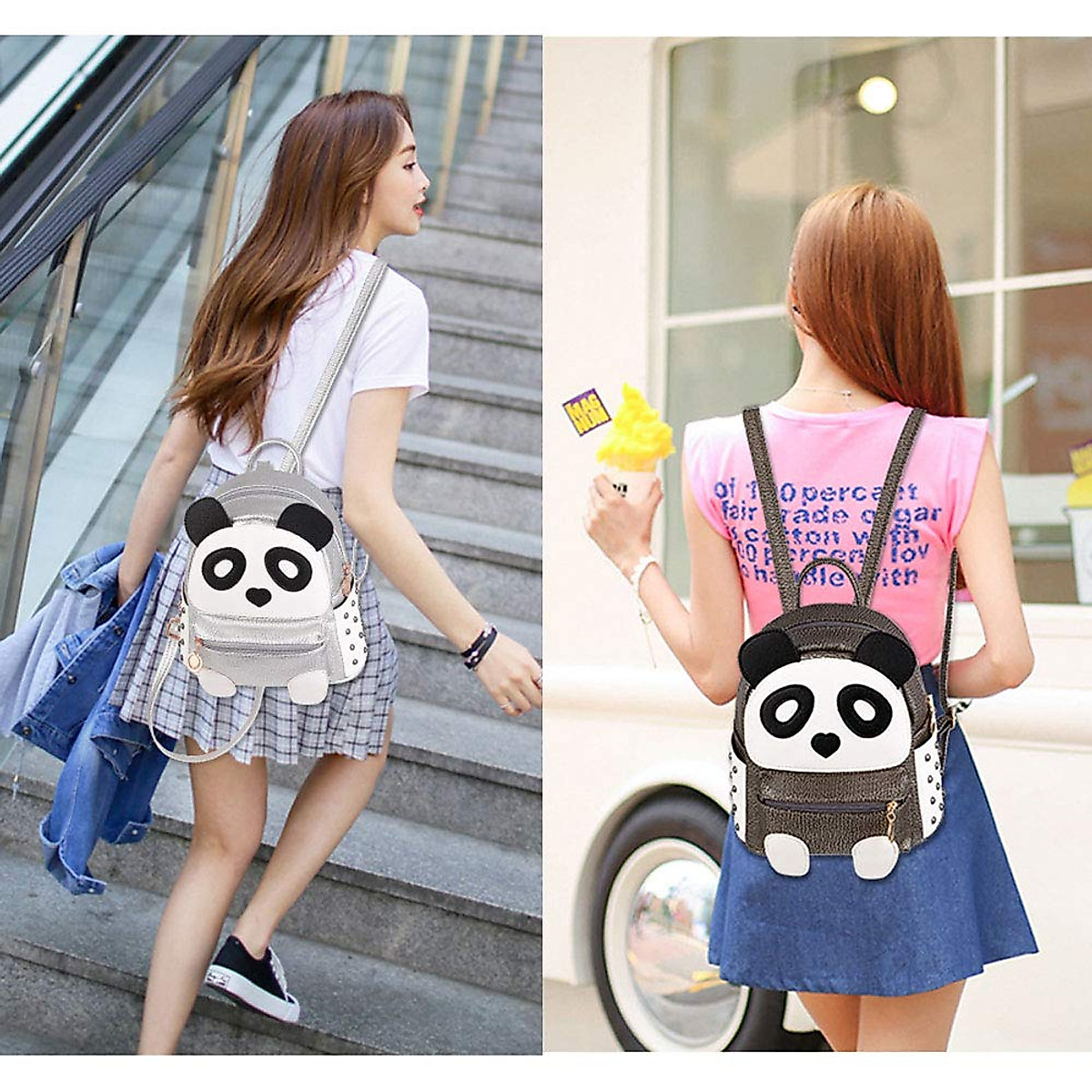 H and N Fashion Cute Panda Backpack for Girls and Boys Leather Small Travel Shoulder/ Book Bag (Black)