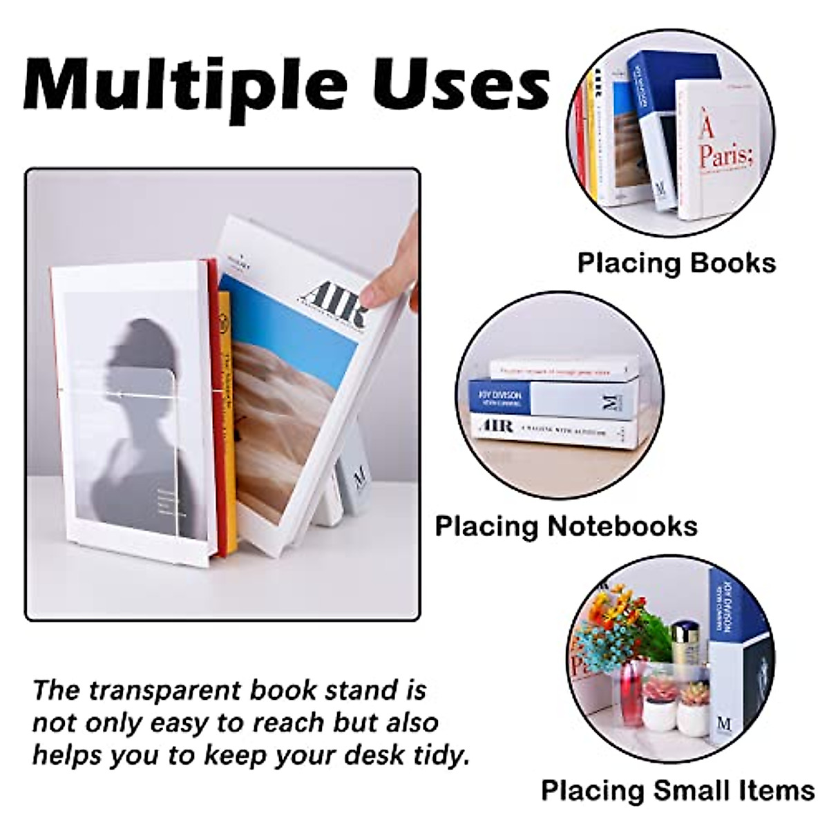 8 Pcs Clear Book Stoppers, Acrylic Book Ends for Book Shelves, Non-Slip Bookracks, Book Holder for School Supplies Library Office, Desktop Organizer for Bedroom Decoration Gift, 17.5×12×12 cm