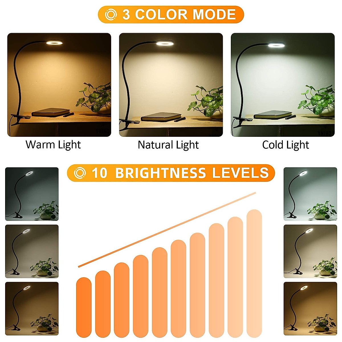 Dpower Clip on Light Reading Lights, 48 LED USB Desk Lamp with 3 Color Modes 10 Brightness, Eye Protection Book Clamp Light, 360 ° Flexible Gooseneck Clamp Lamp for Desk Headboard Video Conferencing