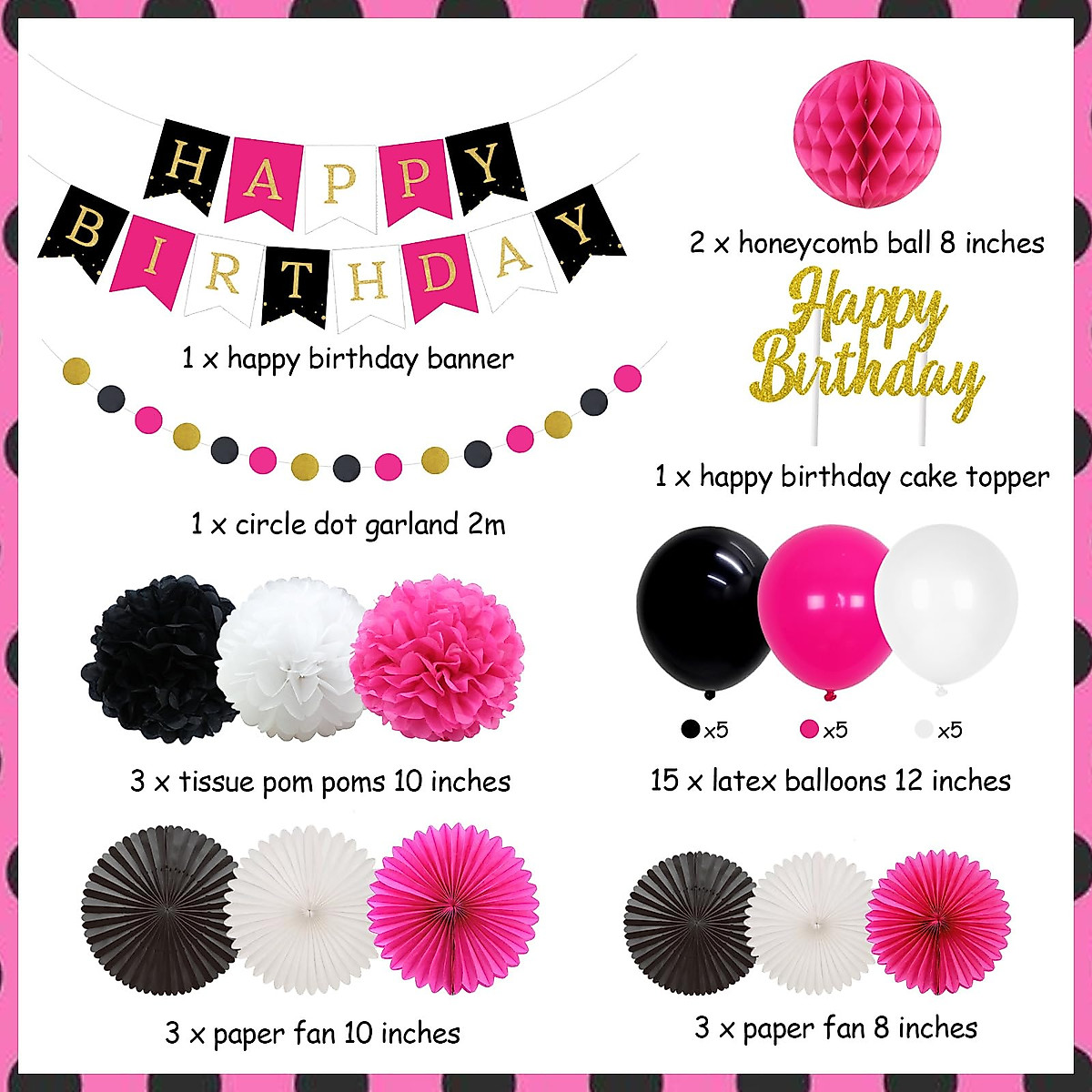 Birthday Decorations for Women Hot Pink and Black White Happy Birthday Bunting Banner Tissue pom Poms Paper Fans Circle Dots for Girls Birthday Party Supplies