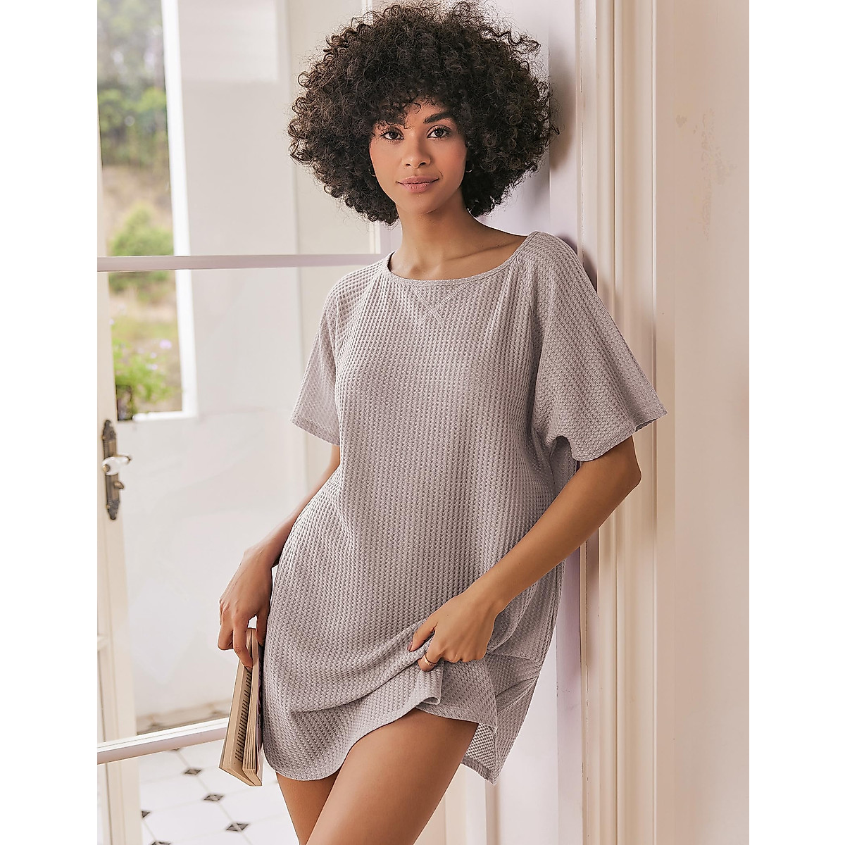 Ekouaer 3 Pack Women's Classic Short Sleeves Sleepshirt Waffle Knit Sleepwear Set 2 L