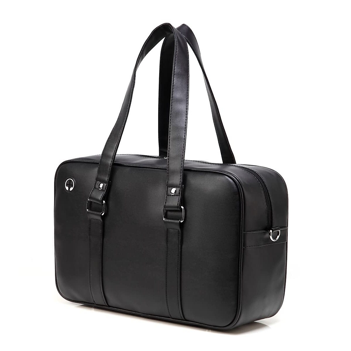 Chillpaper Large Japanese Shoulder Bag,Faux Leather Tote Messenger Crossbody Bookbag with Pink Pompom Stripe Strap (A3 Big Size, Black)