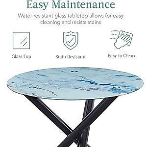 paonne Round Glass Dining Table with Gray Marble Glass Top and Silver Legs, Modern Round Glass Kitchen Table for Apartment/Restaurant/Dining Room 35.43" D x 35.43" W x 29.5" H