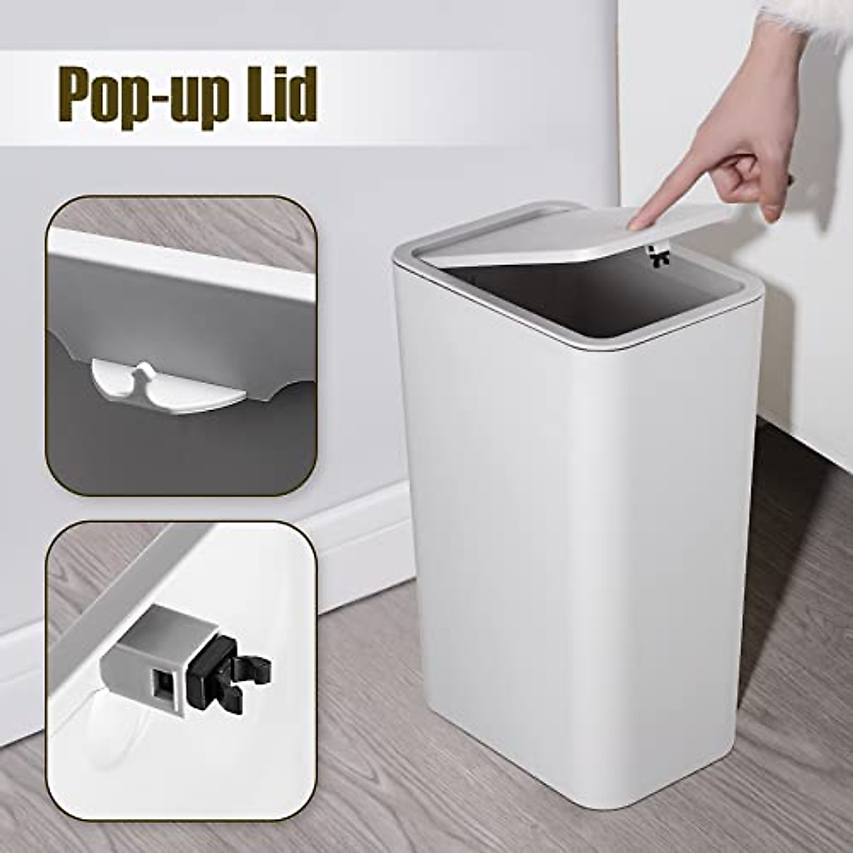 TrashAid Bathroom Trash Can with Lid,2.6 Gallon / 10 Liter Small Garbage Can with Press Top Lid,Plastic Wastebasket with Pop-up Lid for Toilet,Office,Bedroom,Living Room,Grey (AMZUSIJS01GRY040012)