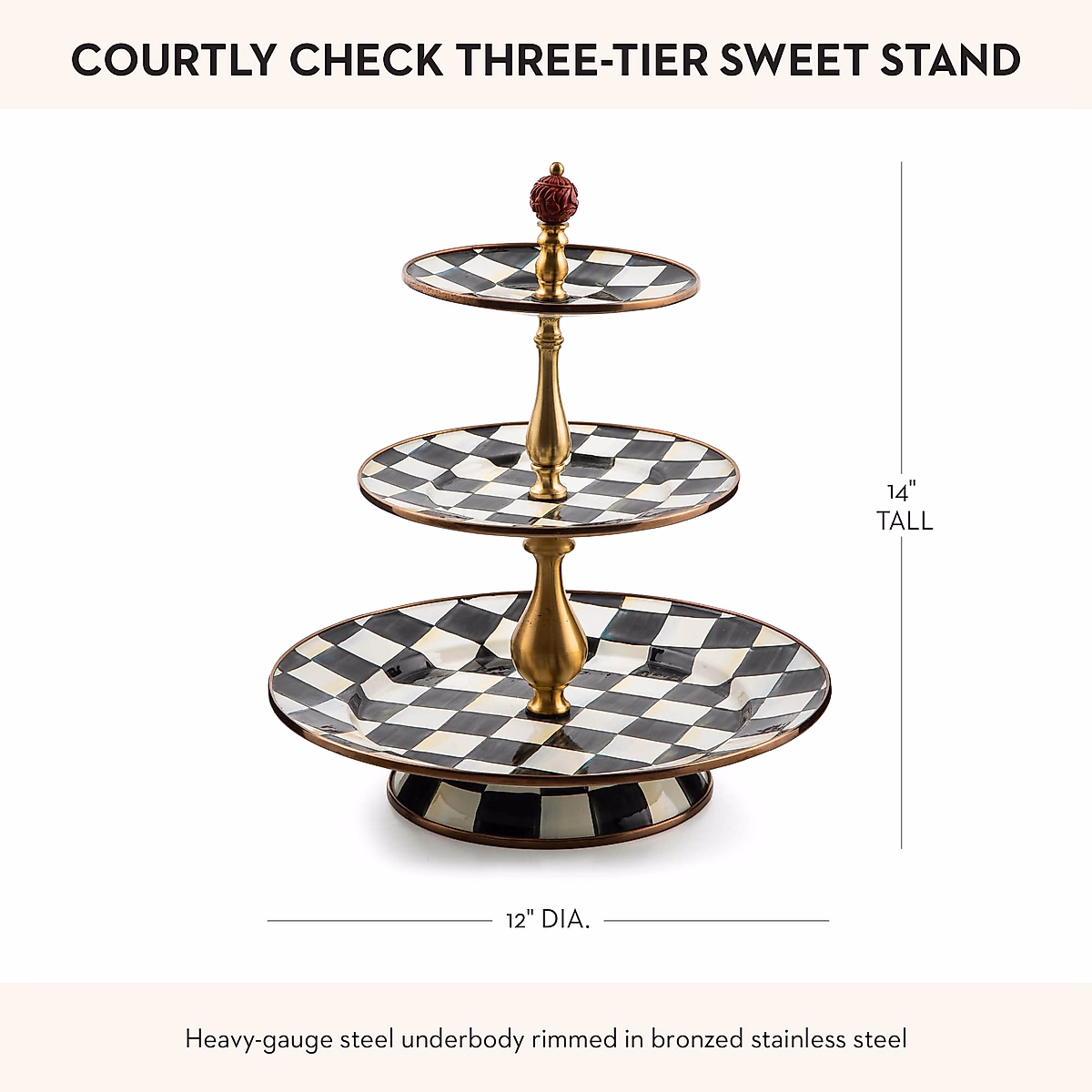 MACKENZIE-CHILDS Enamel Three-Tier Sweet Stand, Three-Tiered Serving-Tray Stand, Party Food Display, Black-and-White Courtly Check