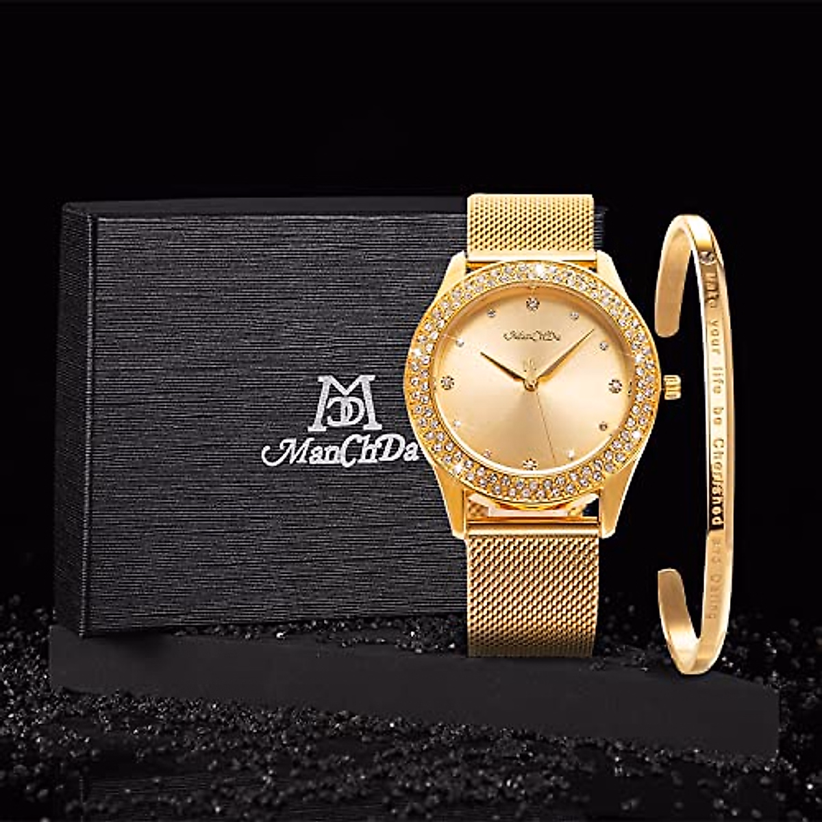 ManChDa Womens Wrist Watch Crystal Case Mesh Stainless Steel Band Bling Ladies Watches Analog Quartz Diamond Classic Fashion Romantic+ Jewelry Cuff Bracelet Set Slim Thin Casual Glitter Dress Watches