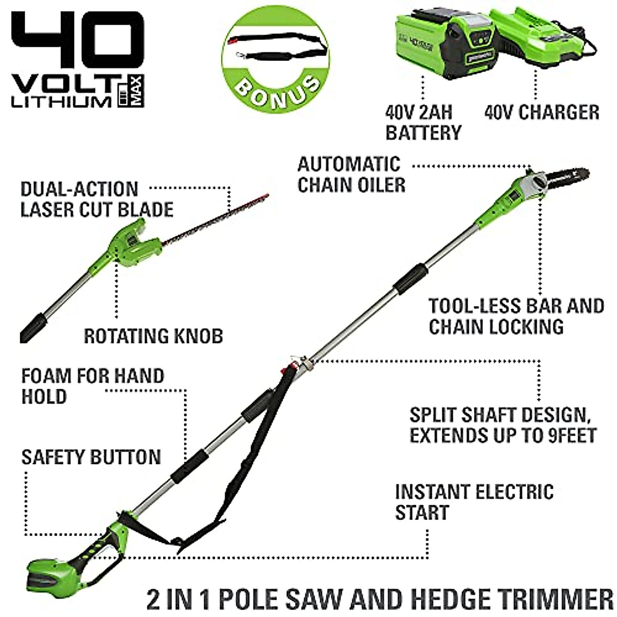 Greenworks 40V 8-inch Cordless Pole Saw with Hedge Trimmer Attachment 2.0Ah Battery and Charger Included, PSPH40B210