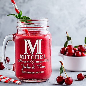 Personalized Wedding Favors Etched 16 oz Mason Jar Drinking Glasses with Handle Customized Mug for Anniversary Groom Bride Husband Wife